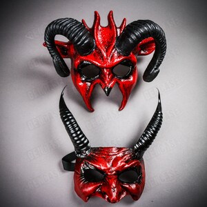 Bloody Red Devil Halloween Demon Mask W/ Twisted Ram Devil Horns for ...