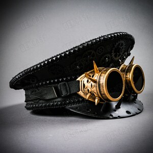 Black Steampunk Spikes Dark Lens Gold Goggles Military Captains Hat ...