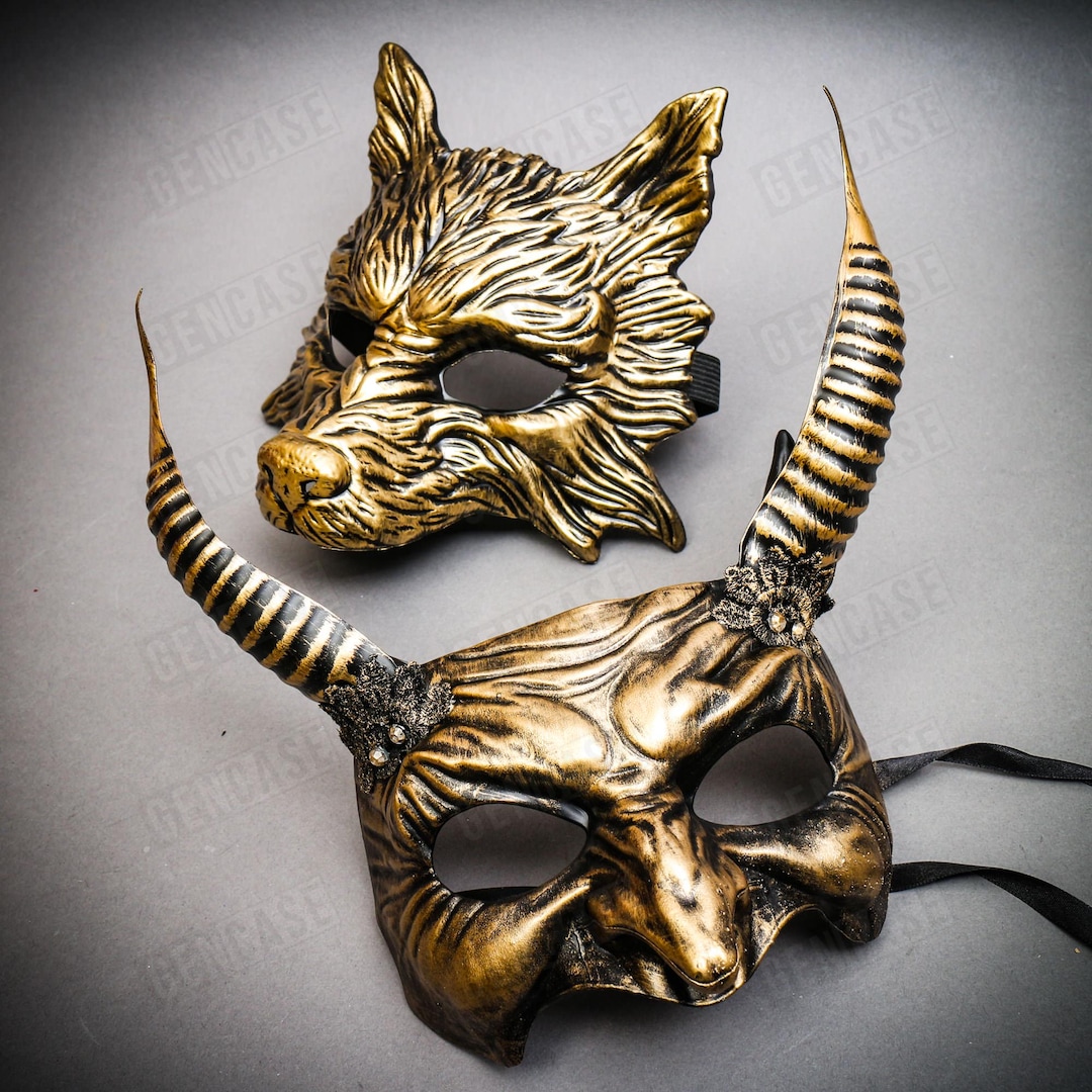 Golden Wolf Beast & Devil Long Horned Halloween Masquerade Party Couple ...