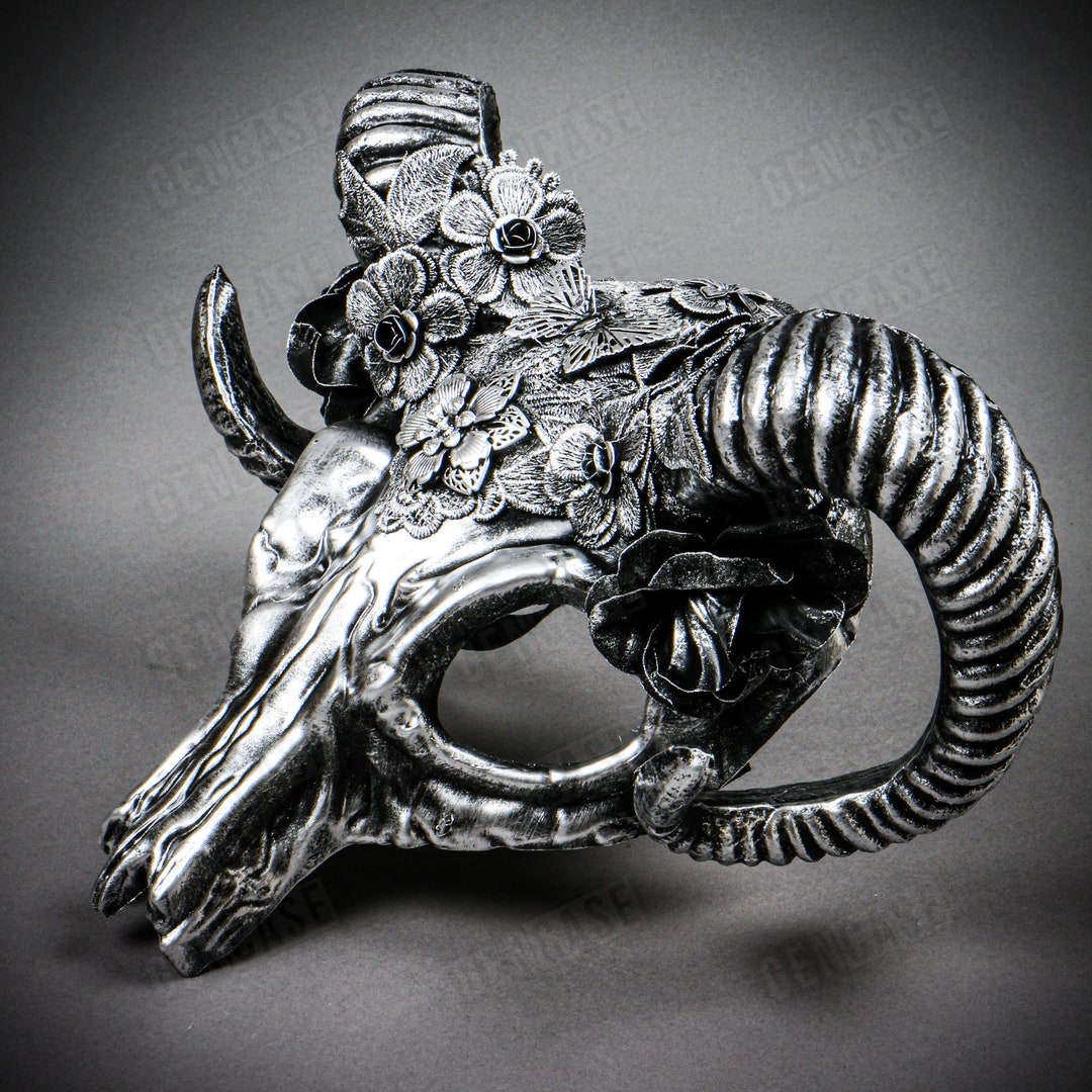Brushed Silver Antelope Devil Animal Skull W/ Twisted Ram Horns ...