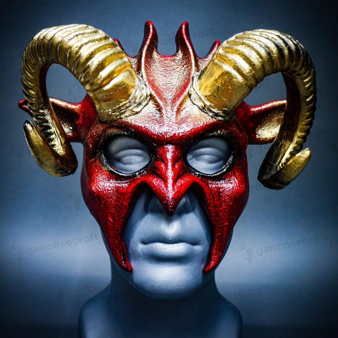 Red & Gold Horns Mask Halloween Men Women Masquerade, Full Face Scary ...