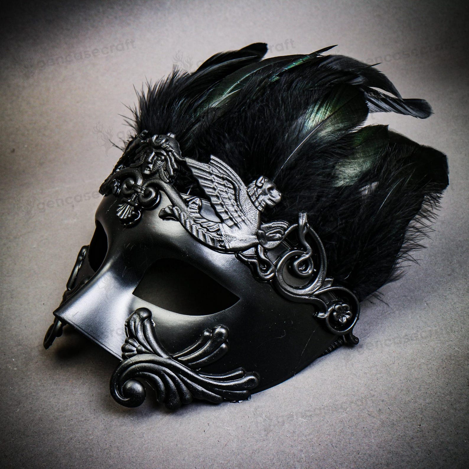 Black Feather Caesar Roman Greek Emperor Venetian Mask, Pegasus Warrior ...