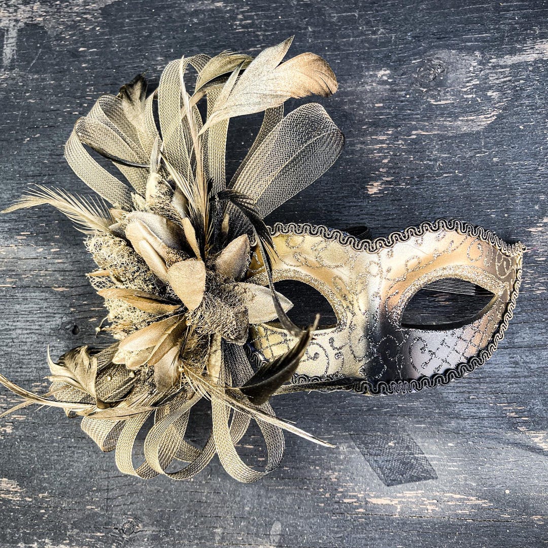 Gold Flower Feather Masquerade Women Wedding Mask, Elegant Side Ribbon ...