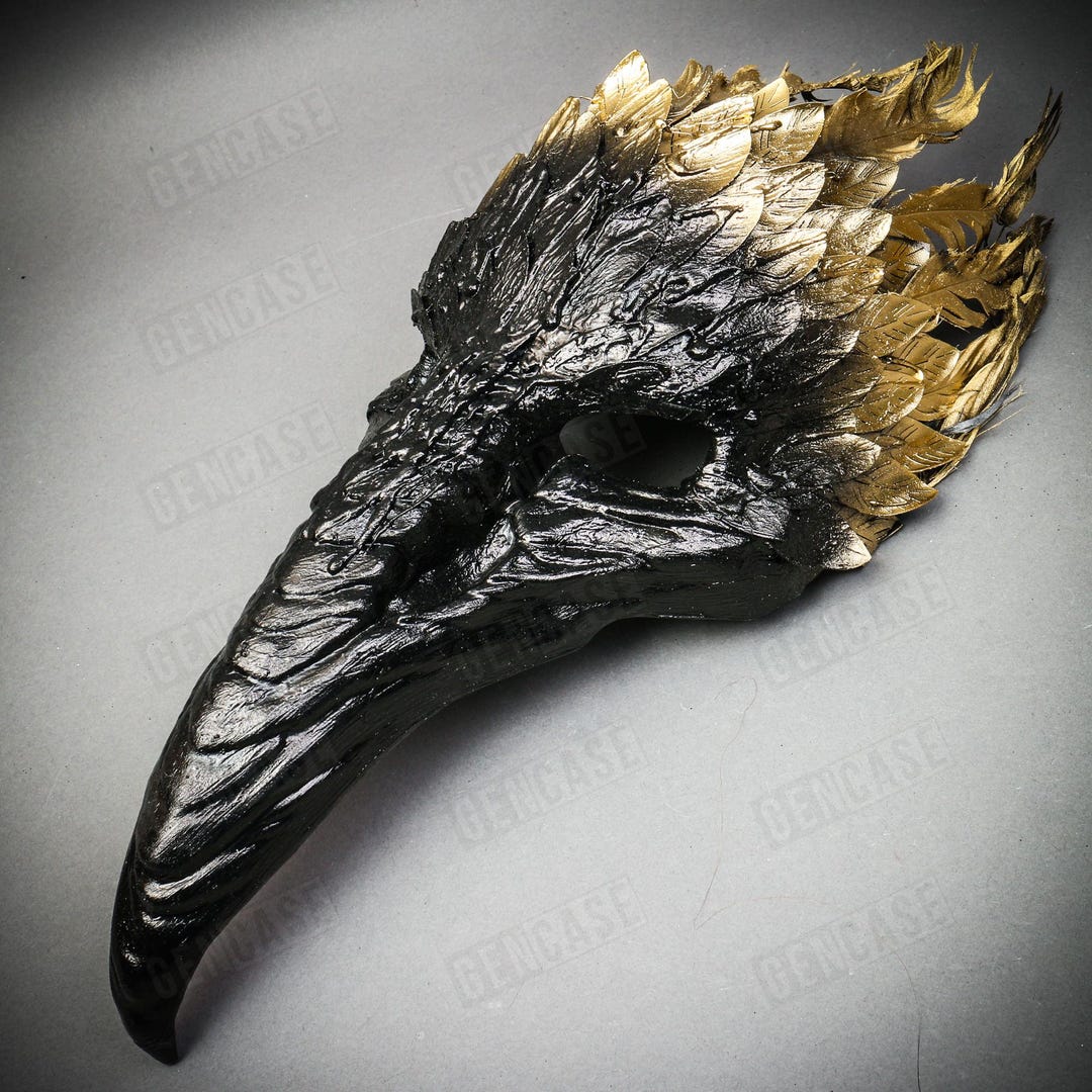 Black Bird Curved Beak Long Nose Skull Face Mask With Top Gold Feather ...