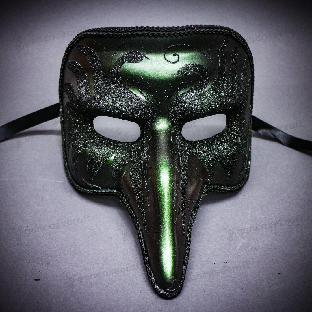 Venetian Long Nose Masquerade Bird Beak Pantalone Mask | Green Glitter ...