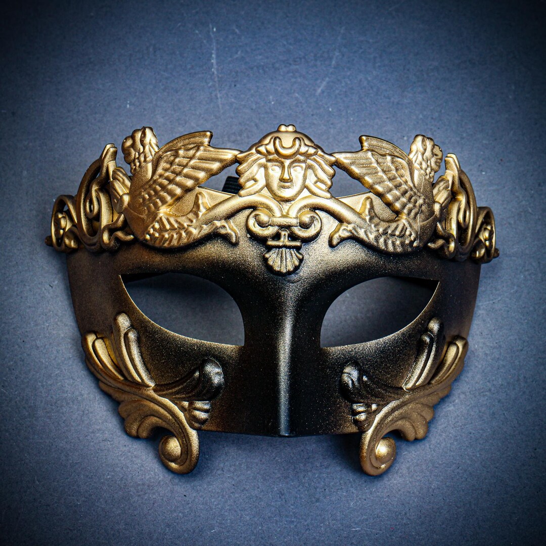 Black Gold Venetian Men's Party Mask, Warrior Armor of God Costume Mask ...
