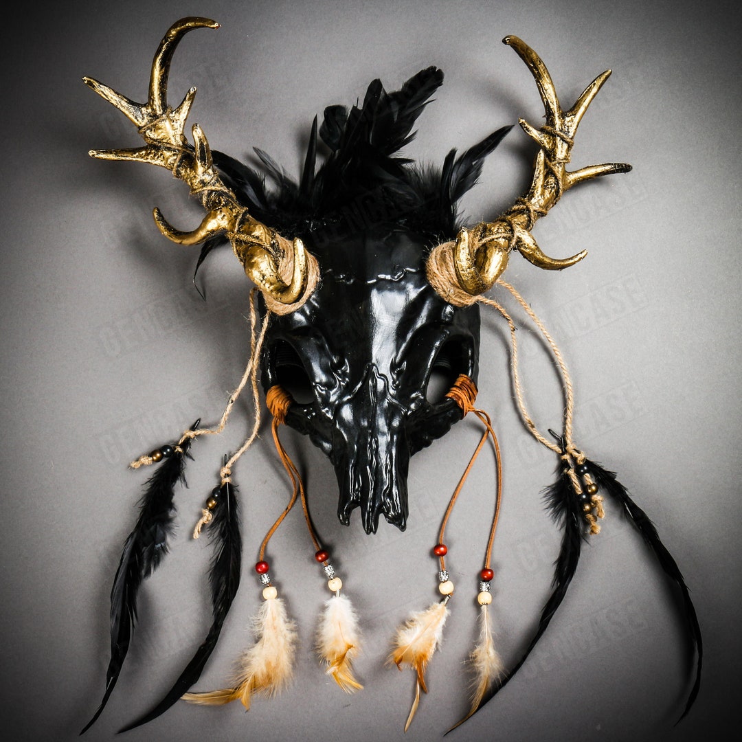 Black Antelope Devil Animal Skull W/ Gold Deer Horns Masquerade ...