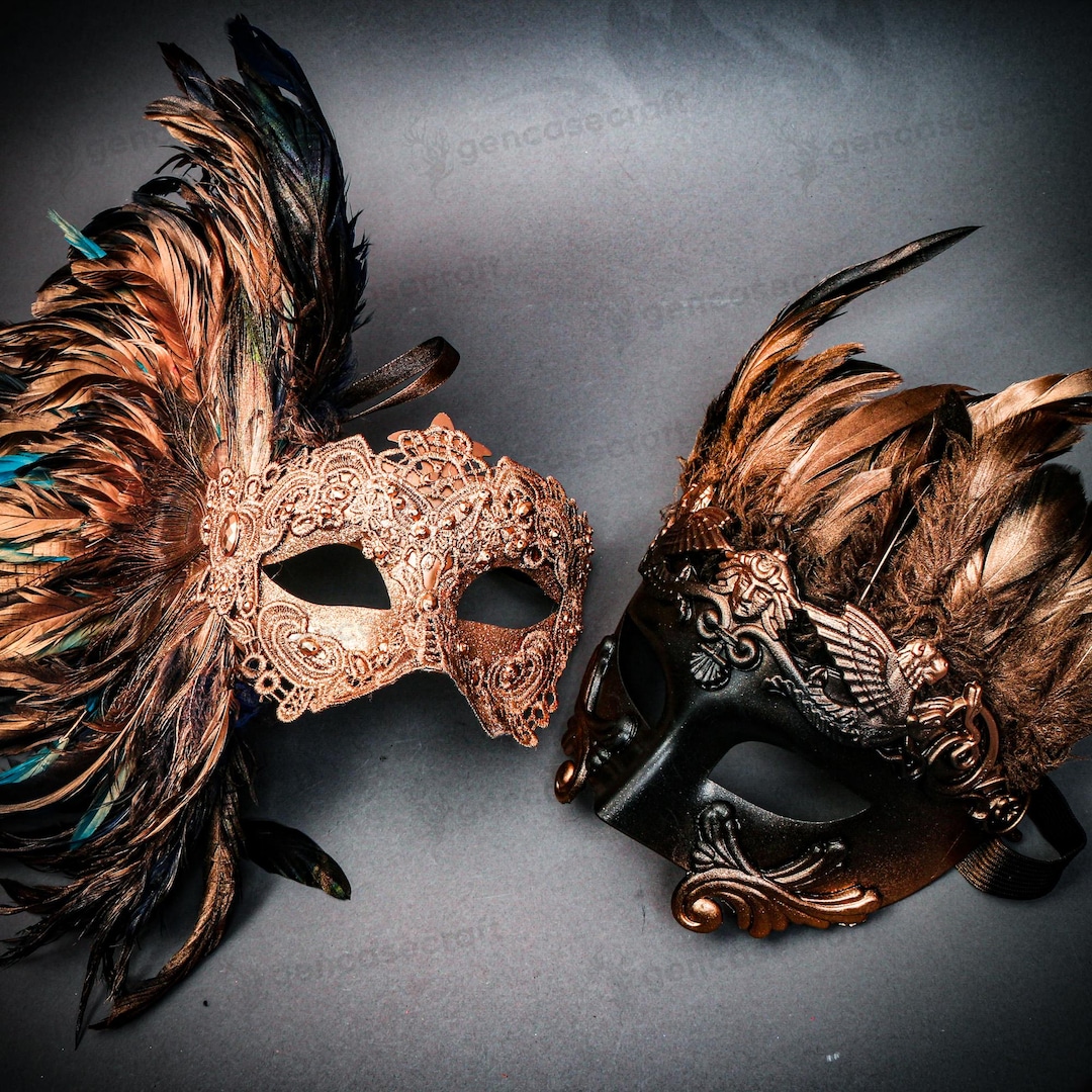 Luxury Masquerade Mask for Couple Blue Copper Feather, His & Hers ...