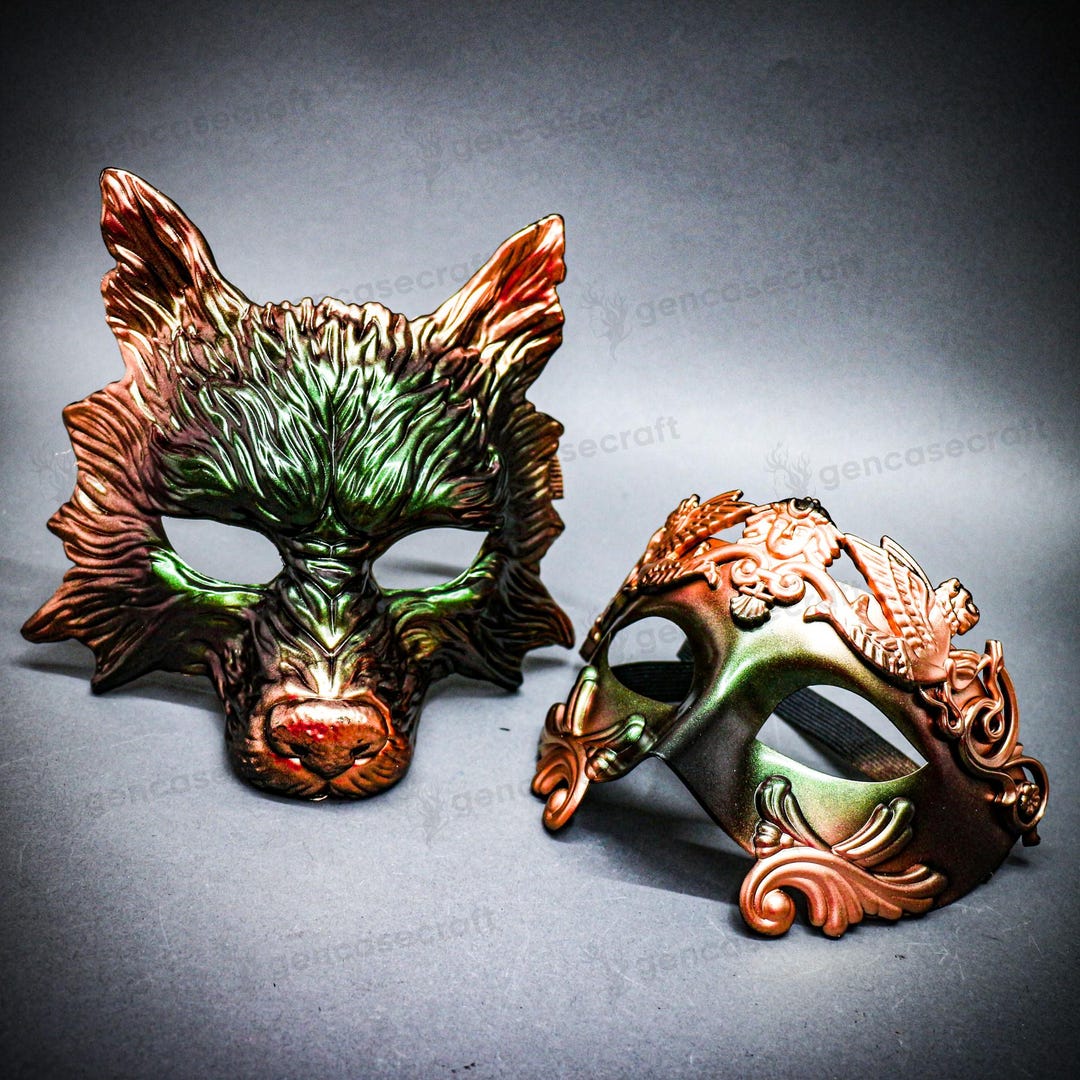Couple's Party Halloween Mask Set - Green Copper Full Face Wolf Mask ...