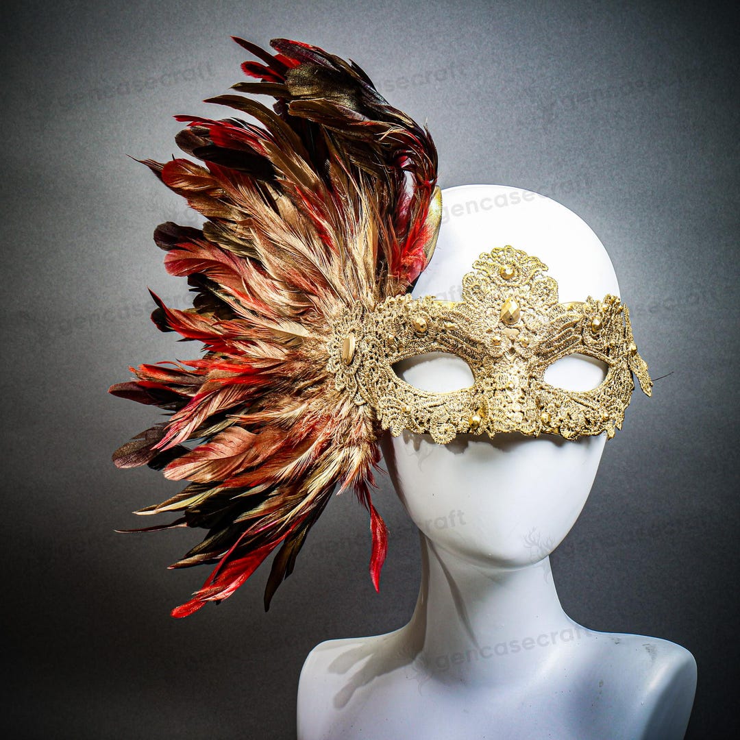 Women's Venetian Lace Masquerade Mask With Side Feather – Gold Red ...