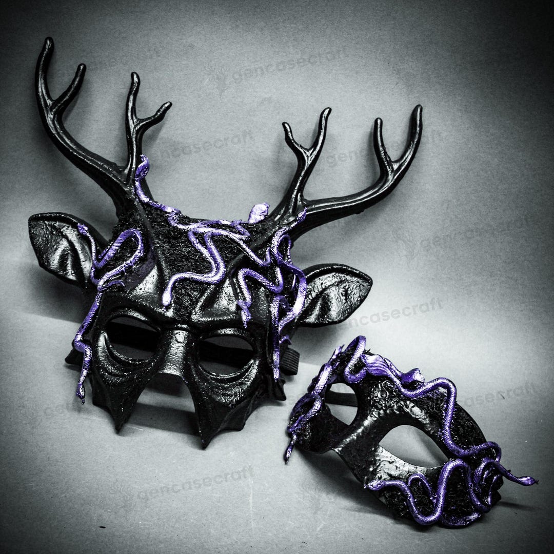 Black Purple Couple Halloween Ball Masquerade - Demon Devil Horns Mask ...