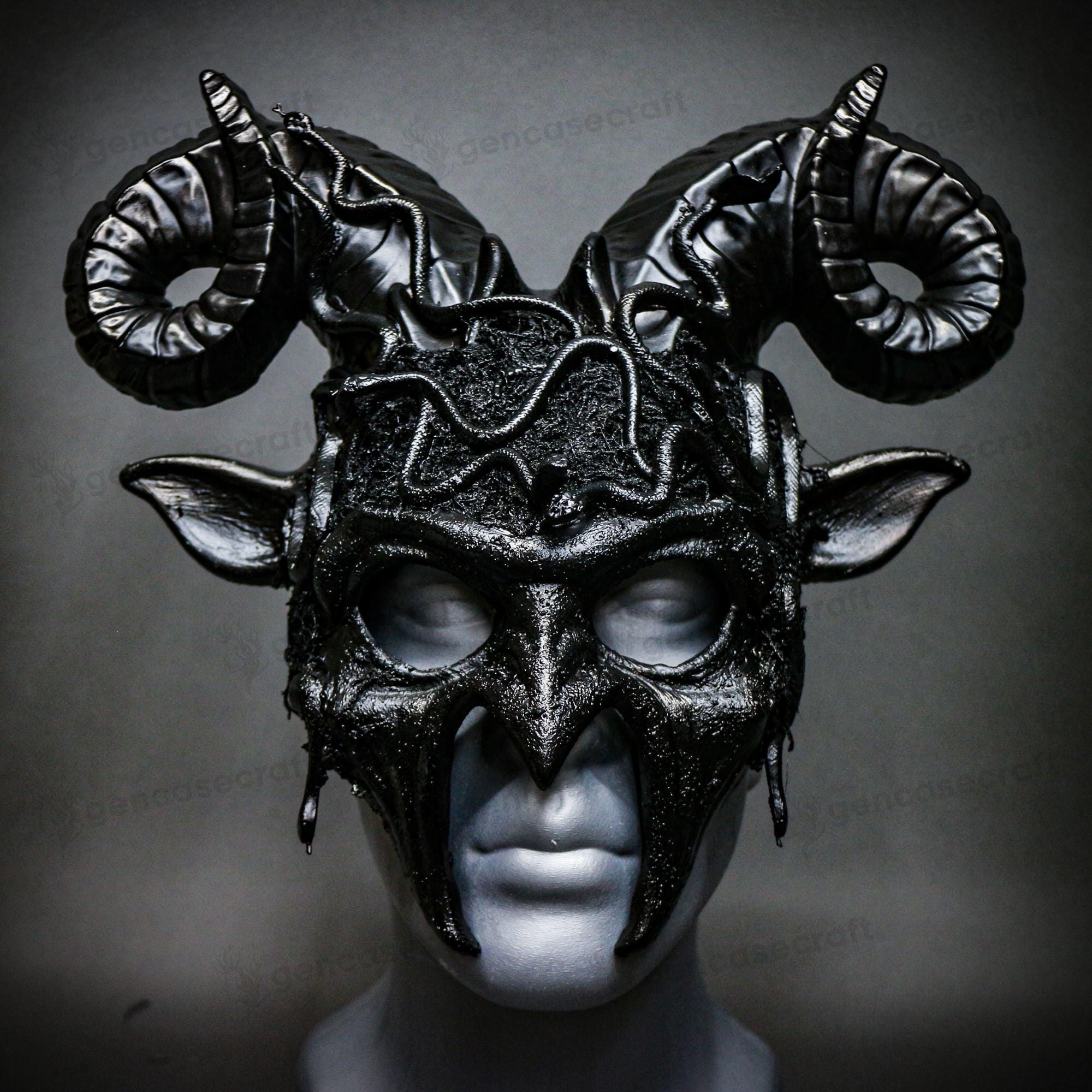 Black Large Ram Horns Krampus Devil Mask, Men and Women Halloween ...