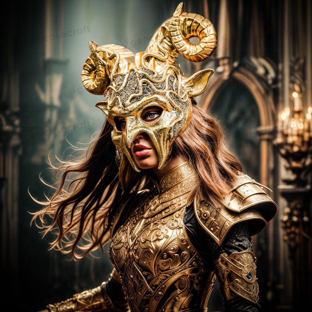 Adult Devil Demon Skull Mask With Ram Horns, Steampunk Gold Forrest ...