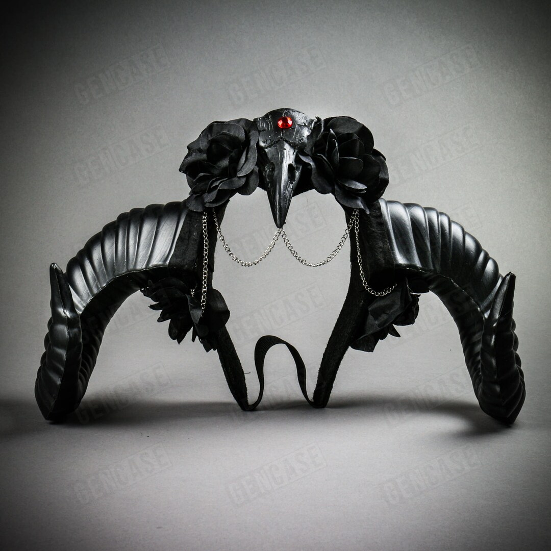 Raven Bird Skull Gothic Demon Animal Black Ram Horn Head Dress Piece ...