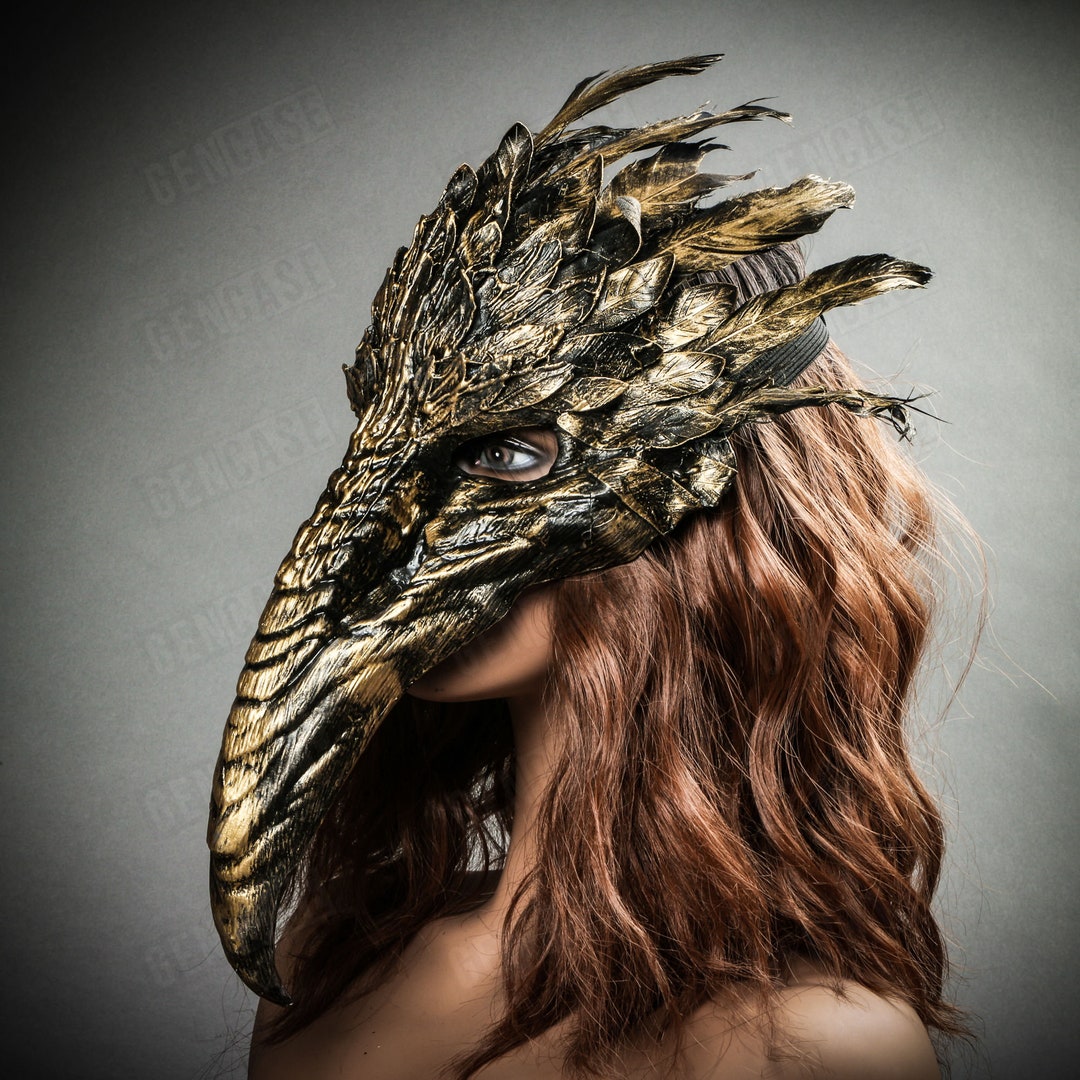 Gold Black Bird Curved Beak Long Nose Skull Face Mask With Top Feather ...