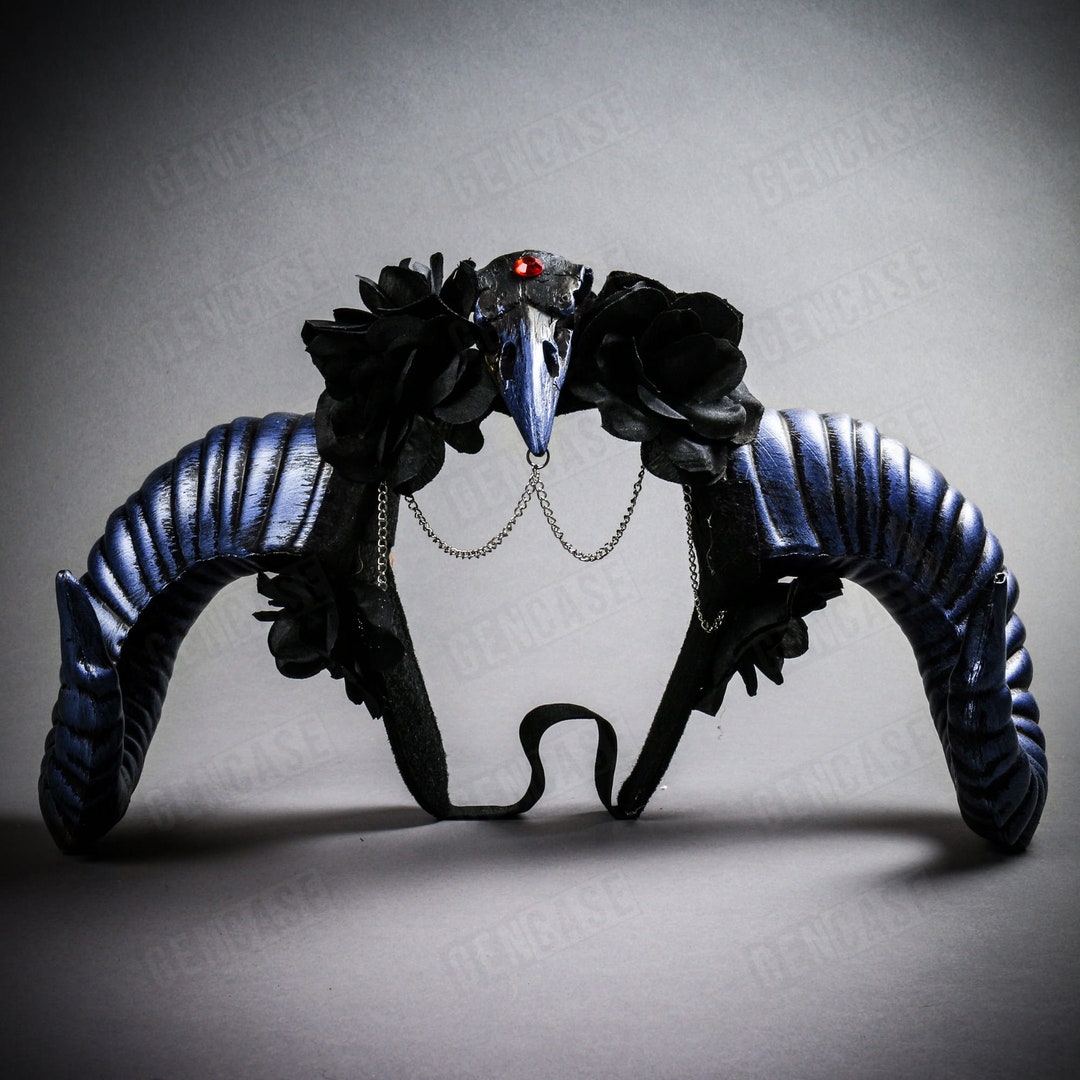 Raven Bird Skull Gothic Demon Animal Blue Ram Horn Head Dress Piece ...