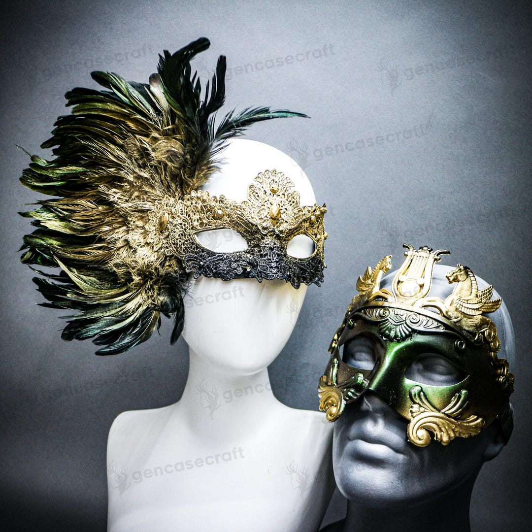Mardi Gras Venetian Mask for Men Women Couple, Gold Green Feather Mask ...
