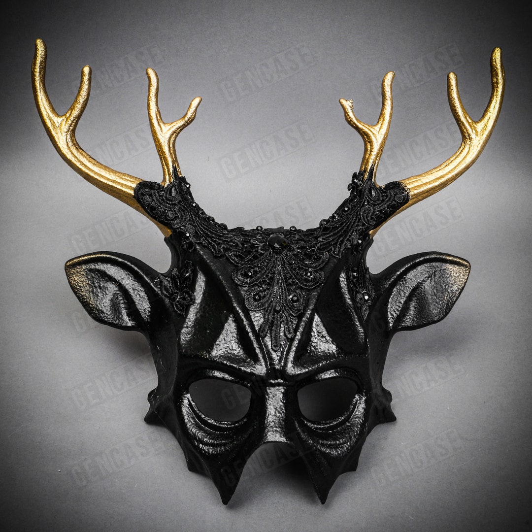 Black Textured Antler Deer GOLD Horn With Laces Rhinestone Devil ...