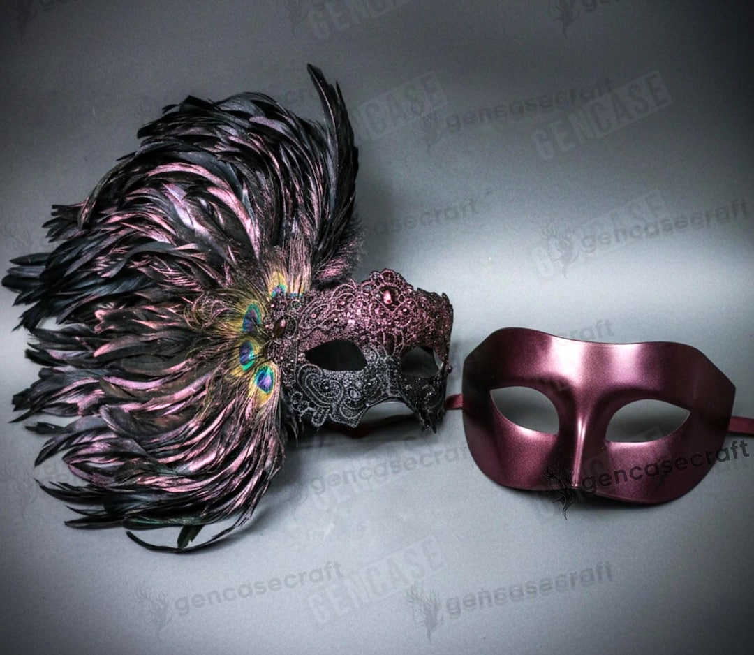 Romantic Couple Masquerade Party Mask - Plum Burgundy Venetian Feather ...