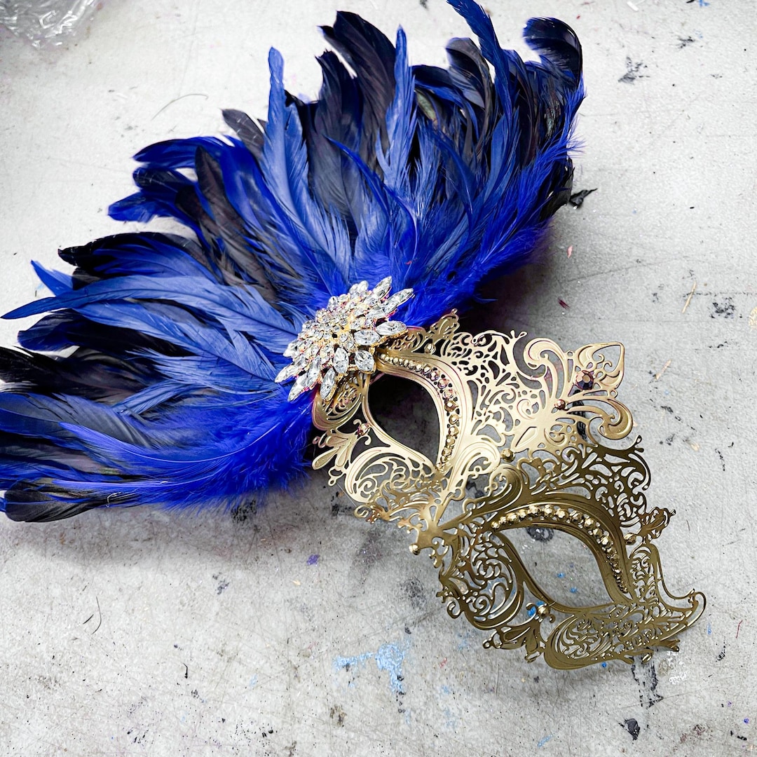 Women Masquerade Side Feather Eye Mask Princess Rhinestones | Blue ...