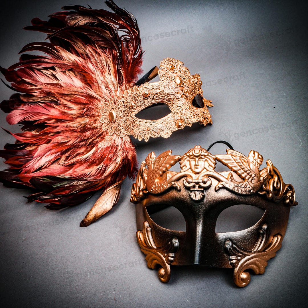 Red Feather Copper Masquerade Matching Mask for Couple, 2 Pieces King ...