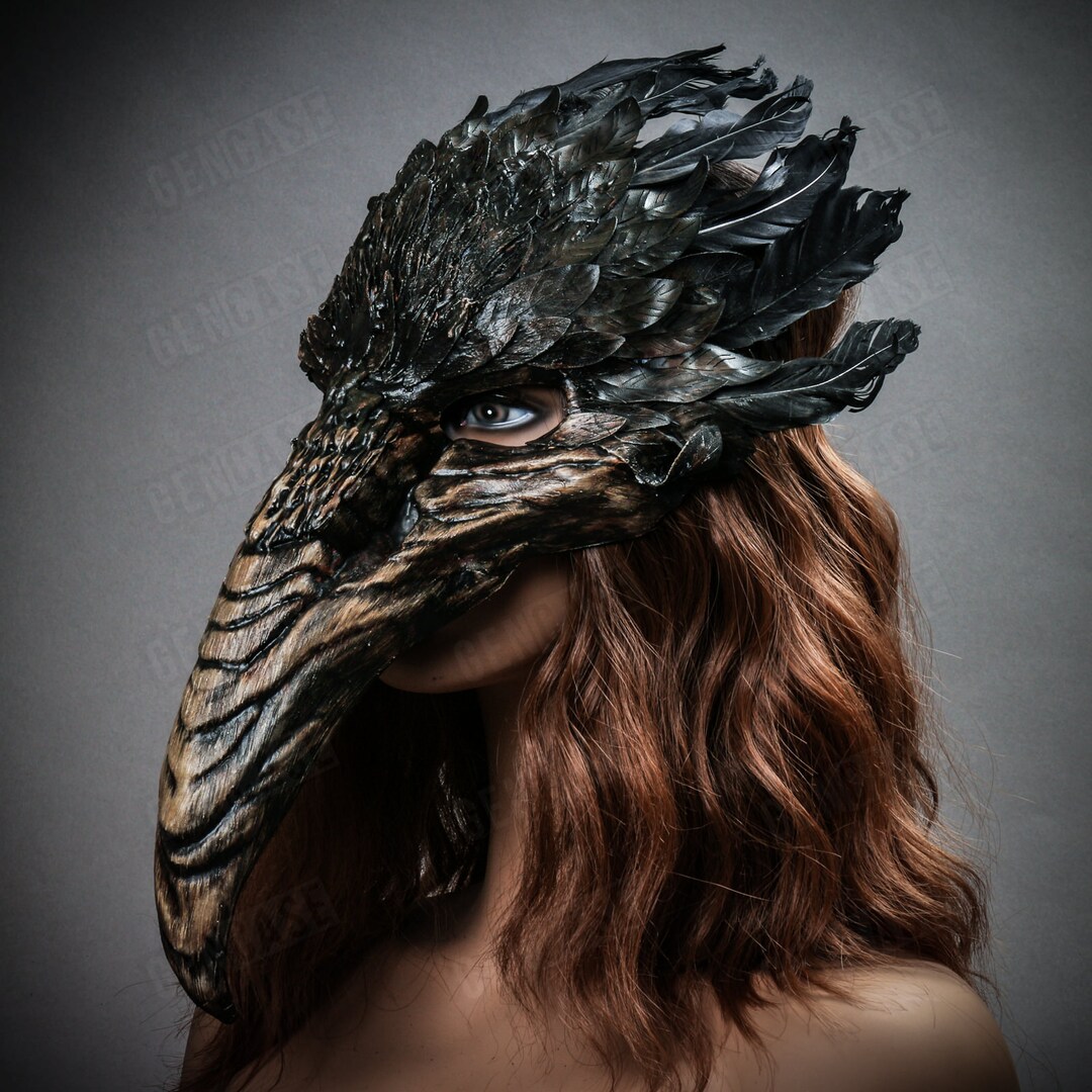 Brown Bird Curved Beak Long Nose Skull Face Mask With Top Feather ...