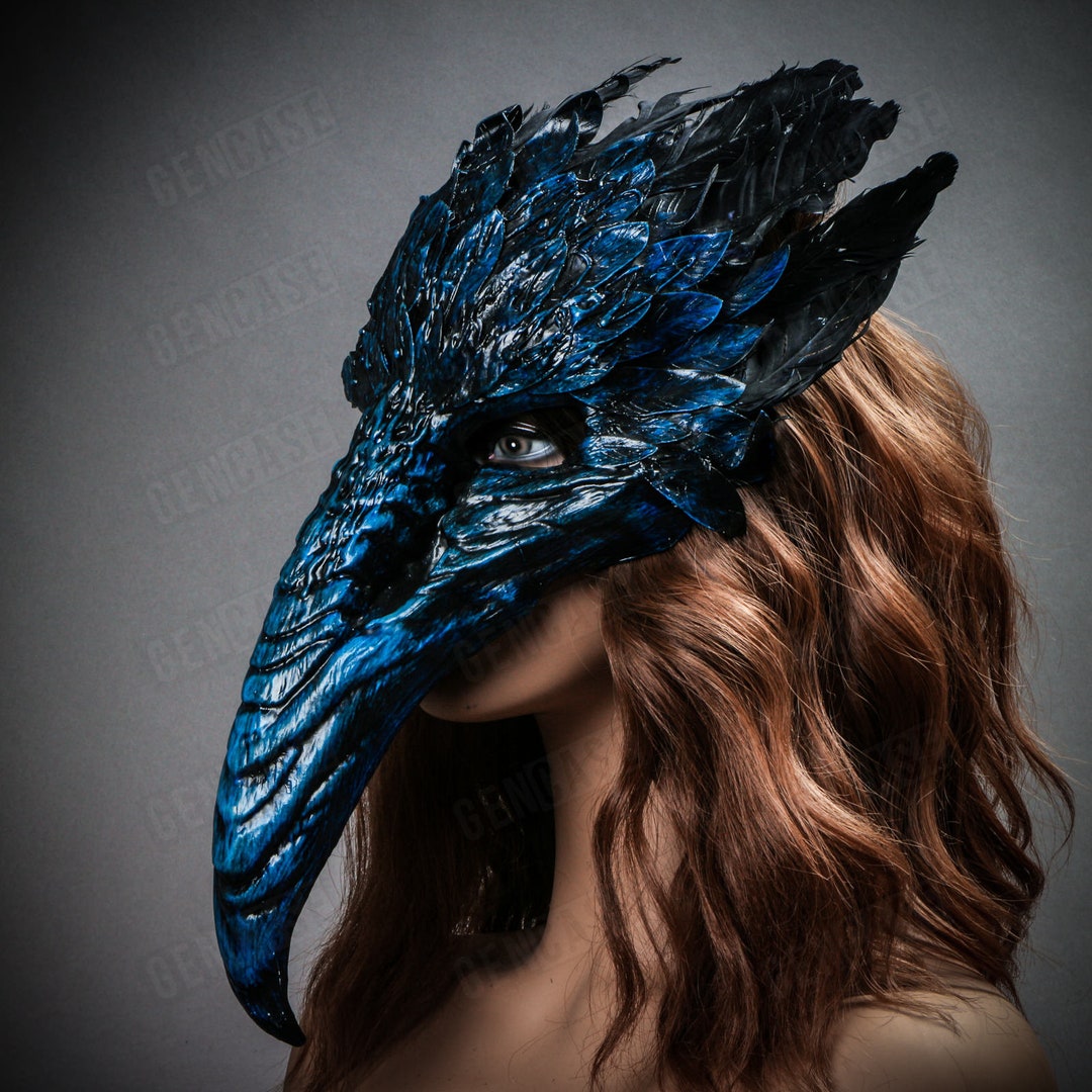 BLUE Bird Curved Beak Long Nose Skull Face Mask With Top Feather ...