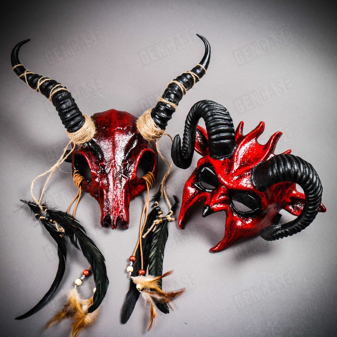 Bloody Red Devil Halloween Demon Mask W/ Twisted Ram and Antelope Horns ...