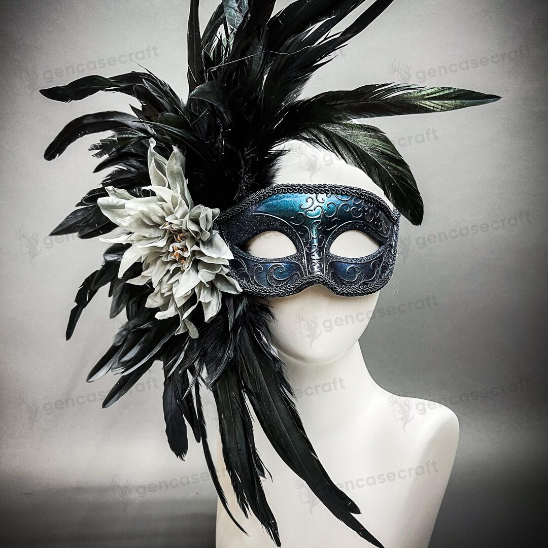 Large Side Feather Flower Masquerade Mask, Floral Wedding Mask Women ...