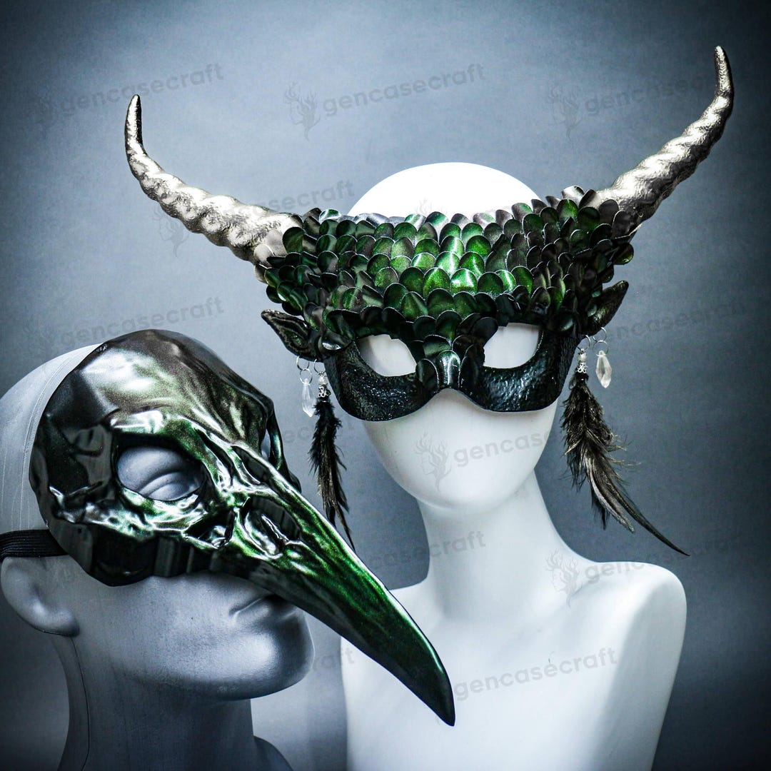 Green Skull Devil Mask Couple Halloween Costume, Scary Adult Masquerade ...