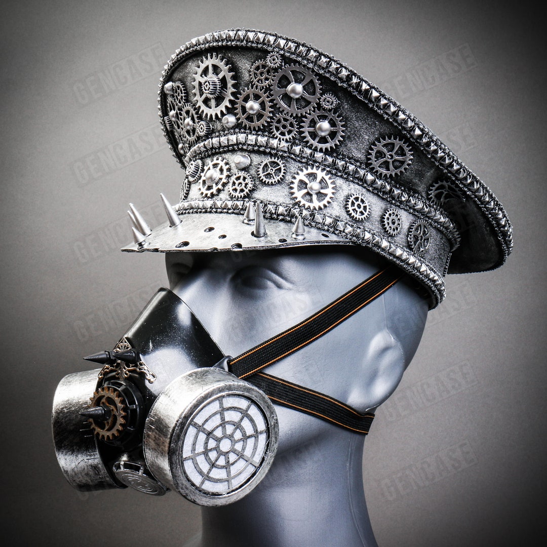 Metallic Silver Steampunk Captain Cap With Silver Party Gas Mask ...