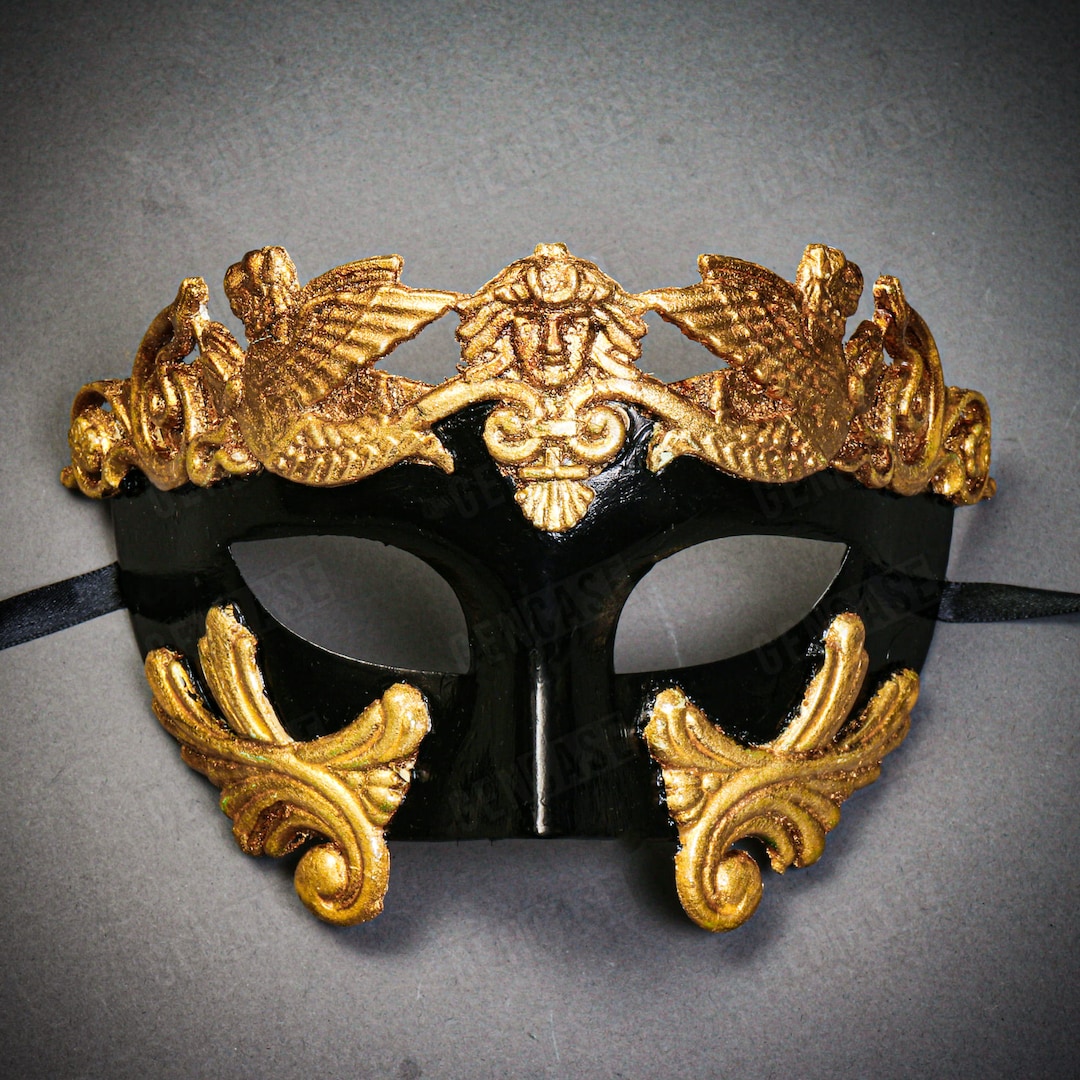 Glossy Black Roman Greek Emperor Warrior Venetian Mask With Gold Detail ...