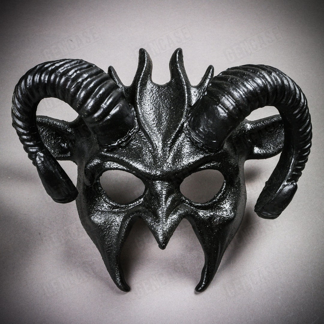 Black Demon Devil Satan With Twisted Ram Horns Halloween Horror ...