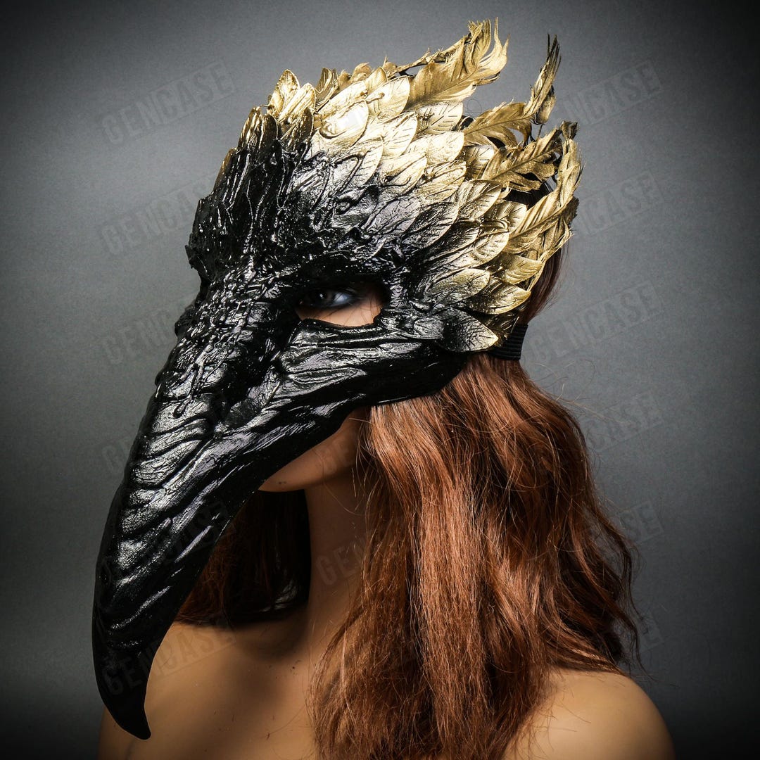 Black Bird Curved Beak Long Nose Skull Face Mask With Top Gold Feather ...