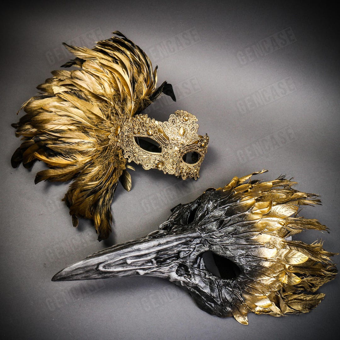 Black Gold Halloween Plague Doctor Bird Nose Feather Mask W/ Mardi Gras ...