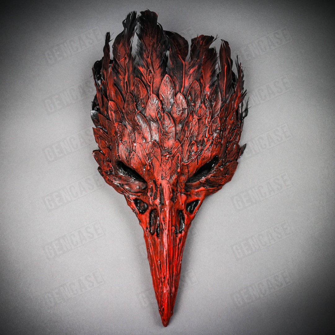 Red Black Feather Bird Mask Long Nose Skull, Steampunk Masquerade Raven ...