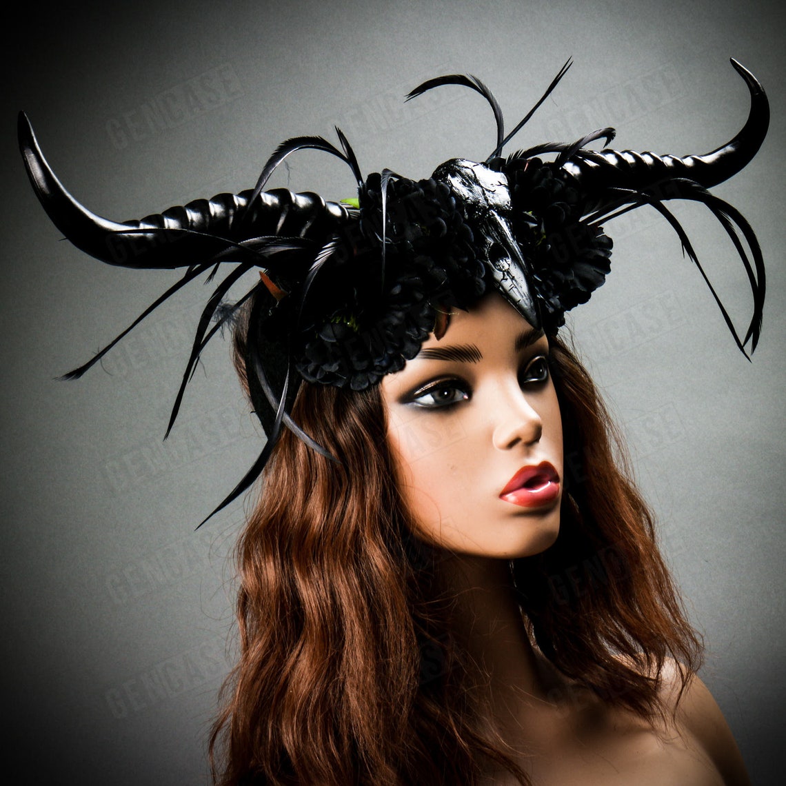 Black Raven Skull Gothic Devil Animal Wide Black Long Horn Head Dress ...
