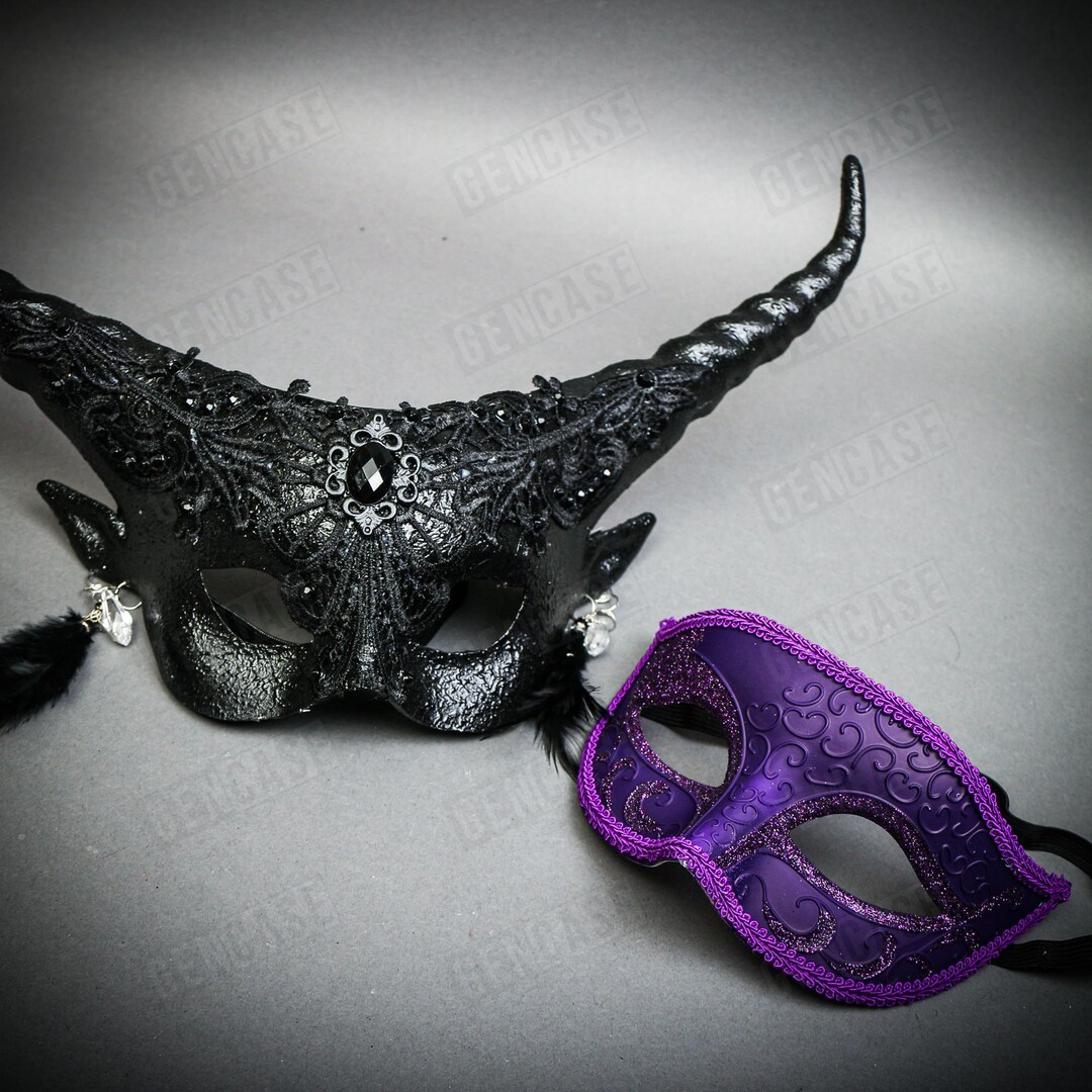 Purple Venetian Classic Eye Mask W/ Long Horns Elegant Devil Eye Mask ...