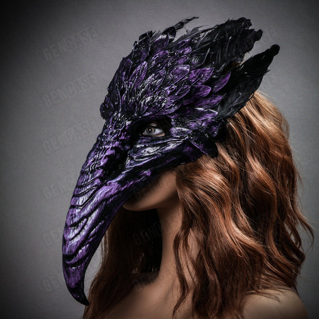 Purple Bird Curved Beak Long Nose Skull Face Mask With Top Feather ...