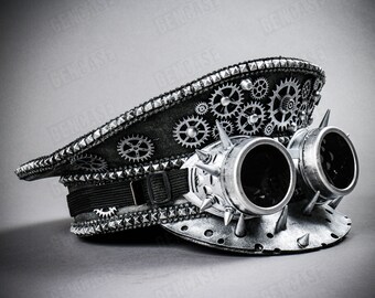 Black Steampunk Spikes Dark Lens Goggles Military Captains Hat Festival ...