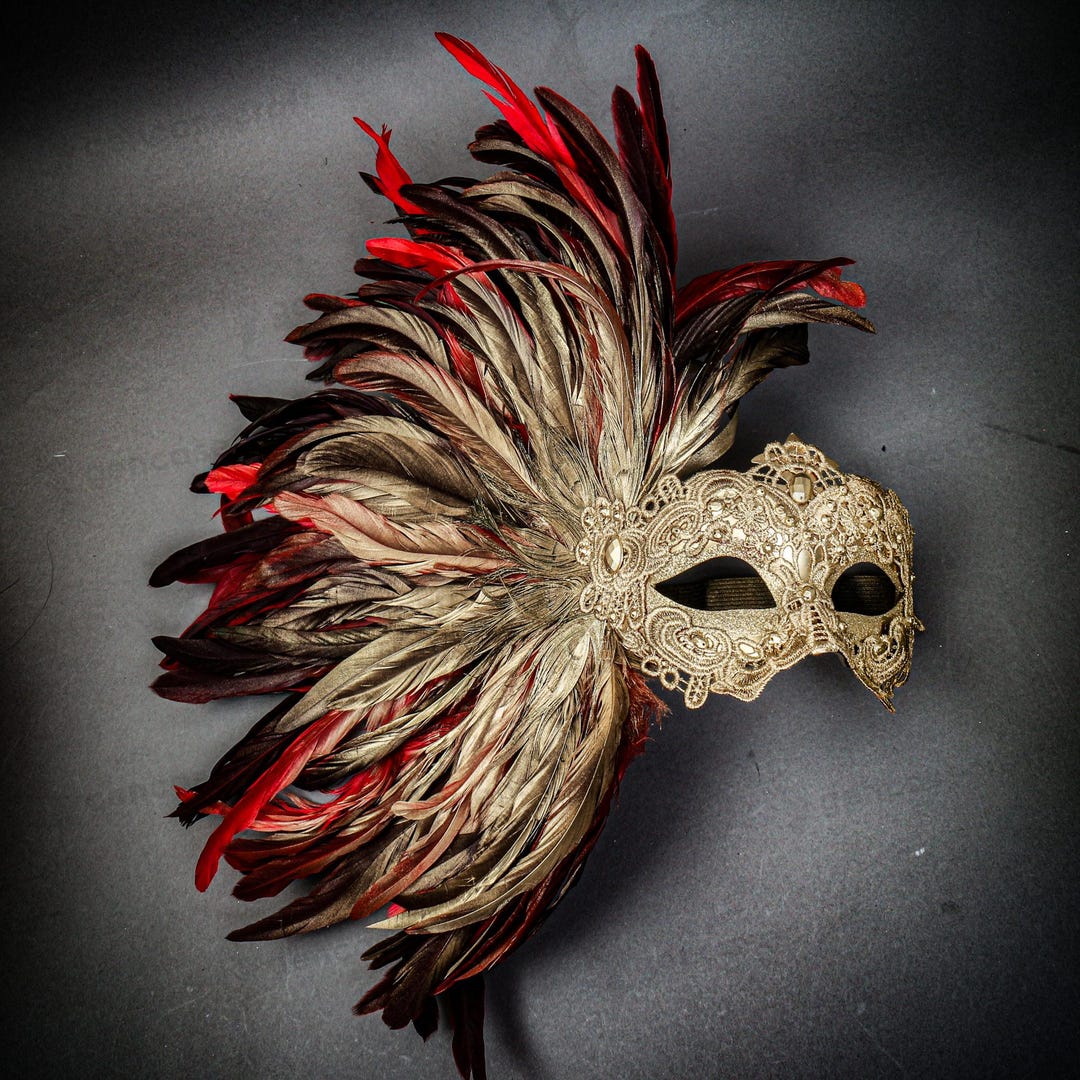 Red Feather Women's Masquerade Mask on Stick, Gold Venetian Mardi Gras ...