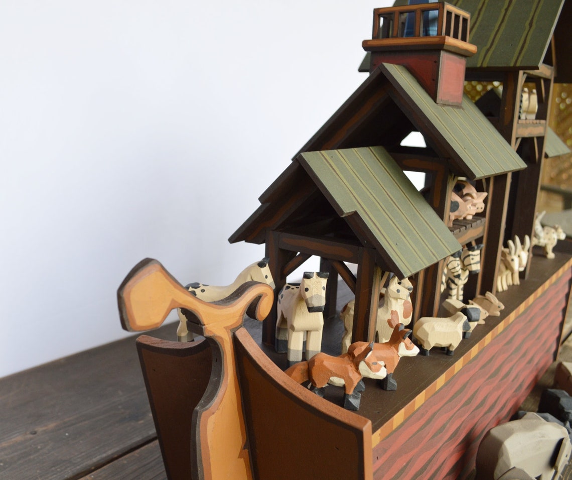 Handmade Wooden Noah's Ark, Wood Noah's Ark, Hand Carved Wooden Animals ...