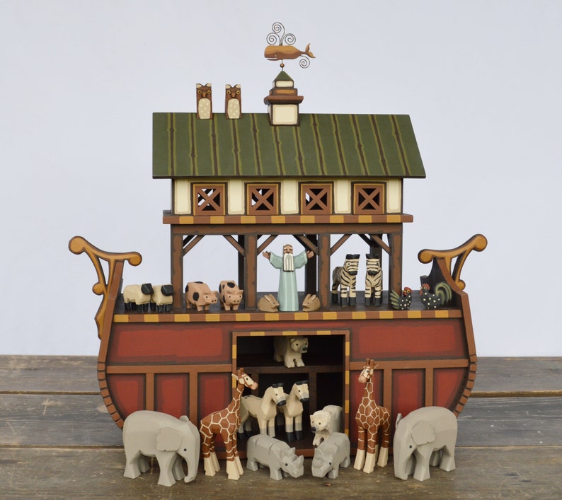 Hand Carved Wood Noah's Ark, Wooden Ark, Wood Noah's Ark, Heirloom Noah ...