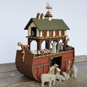 Hand Carved Wood Noah's Ark, Wooden Ark, Wood Noah's Ark, Heirloom Noah ...