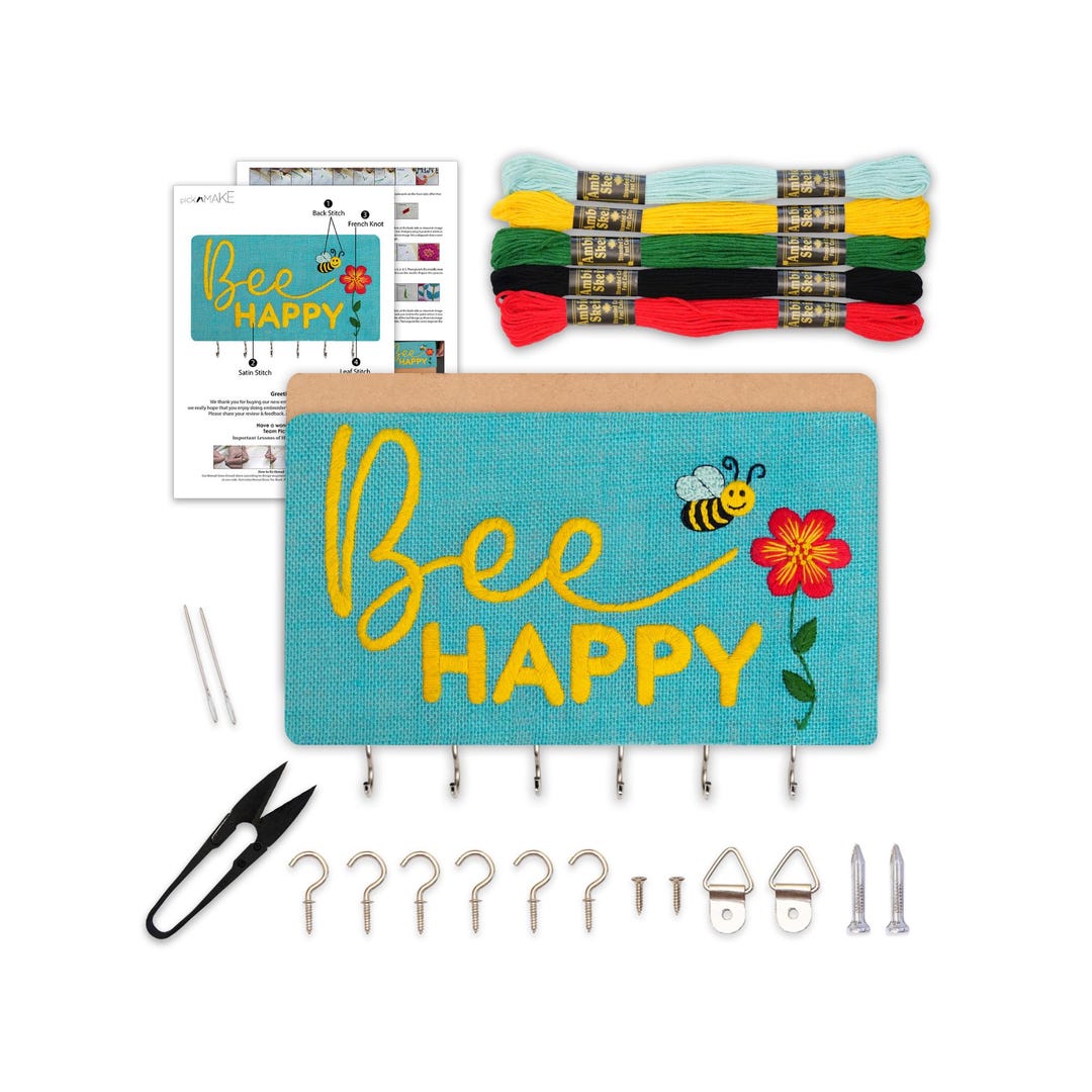 DIY Embroidery Keychain Holder Kit Stitch "bee Happy" Design on Fabric ...