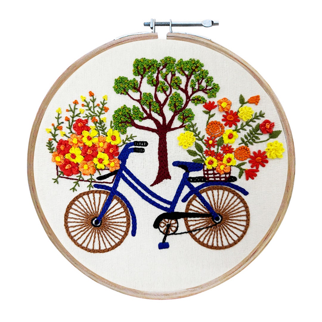 Embroidery Kit Cycle With Tree Design Organza Ribbon Digital Printed ...