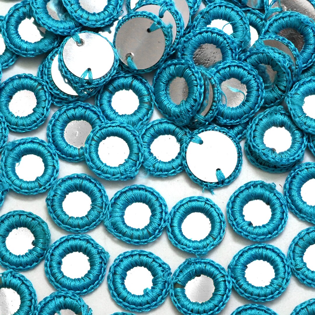 100 Pieces, 18MM Sky Blue Crochet Thread Rings With Metallic Mirror ...