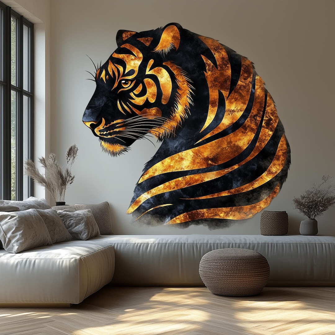 Majestic Tiger Wall Sticker Decal | Golden 3D Tiger Profile Mural Art ...