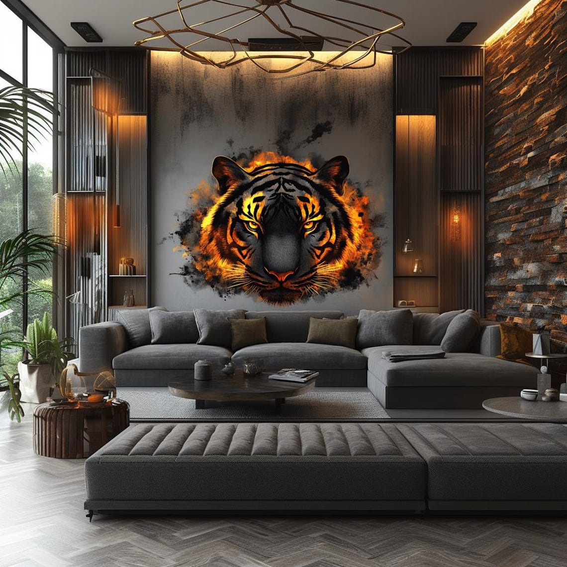 Angry Tiger Wall Decal | Fiery 3D Tiger Face Mural Art | Intense Animal ...