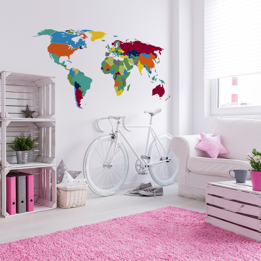 World Map Wall Decal - Large Vinyl Sticker of the Giant Travel Globe ...